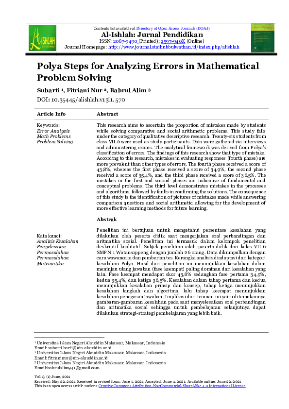 (PDF) Polya Steps for Analyzing Errors in Mathematical Problem Solving