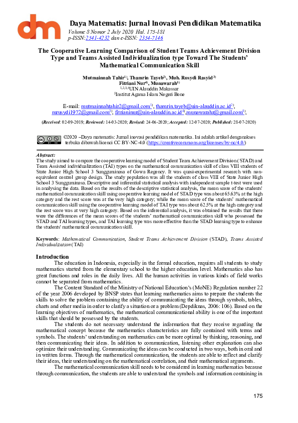 (PDF) The Cooperative Learning Comparison of Student Teams Achievement Division Type and Teams ...