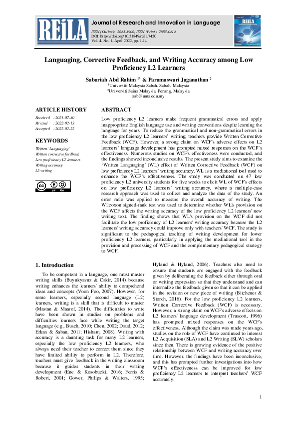(PDF) Languaging, Corrective Feedback, and Writing Accuracy among Low Proficiency L2 Learners