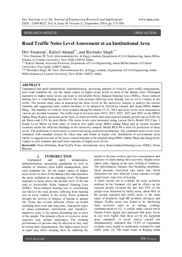 (PDF) Road Traffic Noise Level Assessment at an Institutional Area