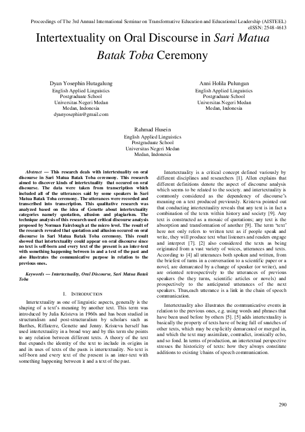 (PDF) Intertextuality on Oral Discourse in Sari Matua Batak Toba Ceremony