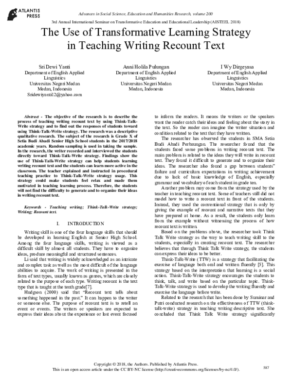 (PDF) The Use of Transformative Learning Strategy in Teaching Writing ...