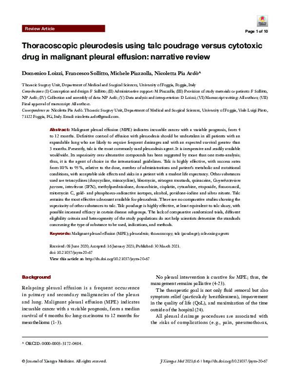 (PDF) Thoracoscopic pleurodesis using talc poudrage versus cytotoxic ...
