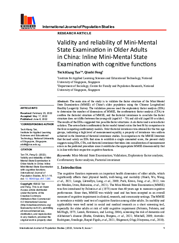 (PDF) Validity and reliability of Mini-Mental State Examination in ...