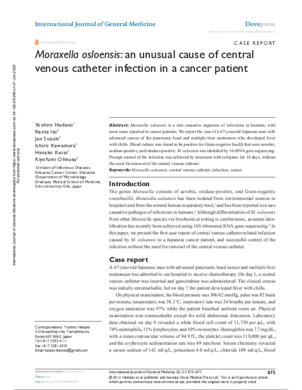 (PDF) Moraxella osloensis: an unusual cause of central venous catheter ...