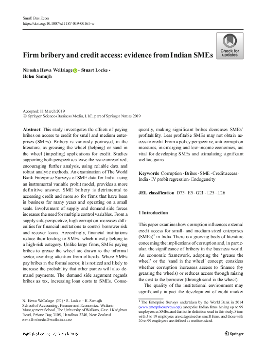 (PDF) Firm bribery and credit access: evidence from Indian SMEs