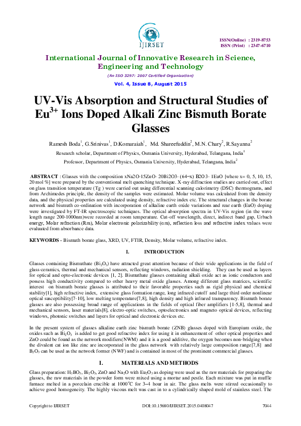 (PDF) UV-Vis Absorption and Structural Studies of Eu3+ Ions Doped Alkali Zinc Bismuth Borate Glasses