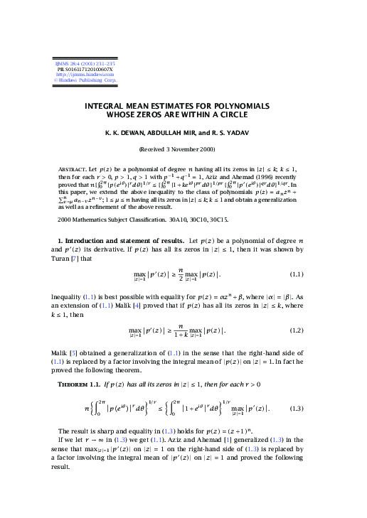 Pdf Integral Mean Estimates For Polynomials Whose Zeros Are Within A