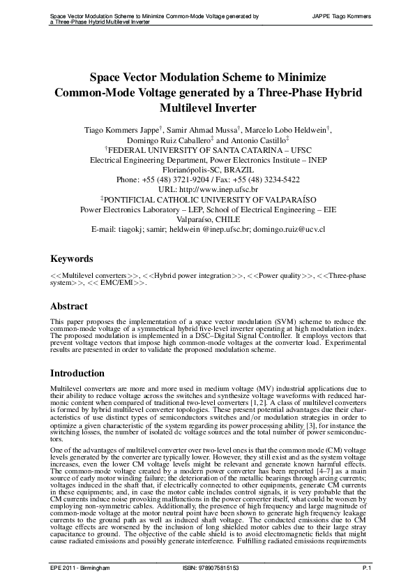 Pdf Space Vector Modulation Scheme To Minimize Common Mode Voltage
