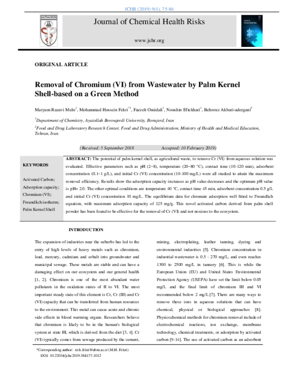 (PDF) Removal of Chromium (VI) from Wastewater by Palm Kernel Shell-based on a Green Method