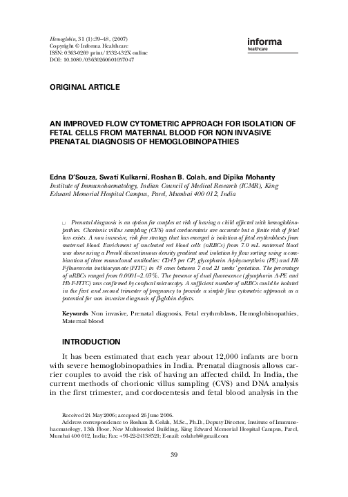 (PDF) An Improved Flow Cytometric Approach for Isolation of Fetal Cells from Maternal Blood for ...