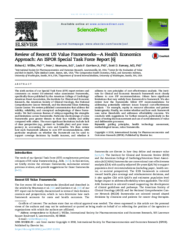 (PDF) Review of Recent US Value Frameworks-A Health Economics Approach ...