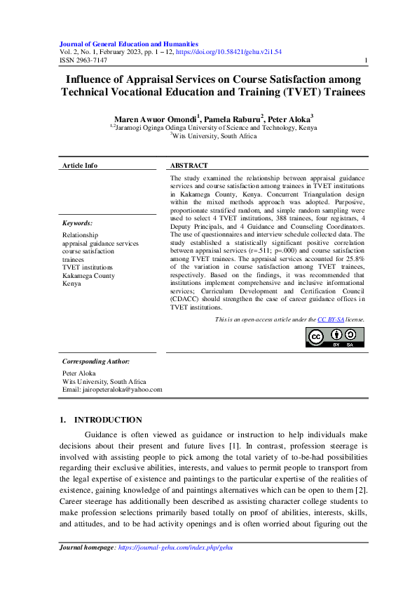 (PDF) Influence of Appraisal Services on Course Satisfaction among Technical Vocational ...