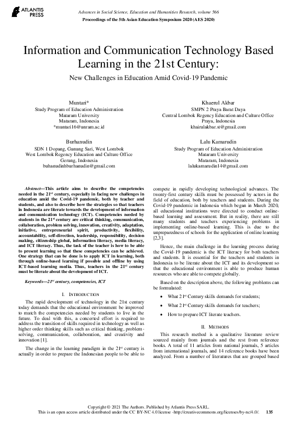 (PDF) Information and Communication Technology Based Learning in the 21st Century