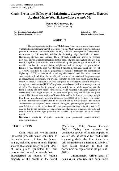 (PDF) Grain Protectant Efficacy of Makabuhay, Tinospora rumphii Extract ...
