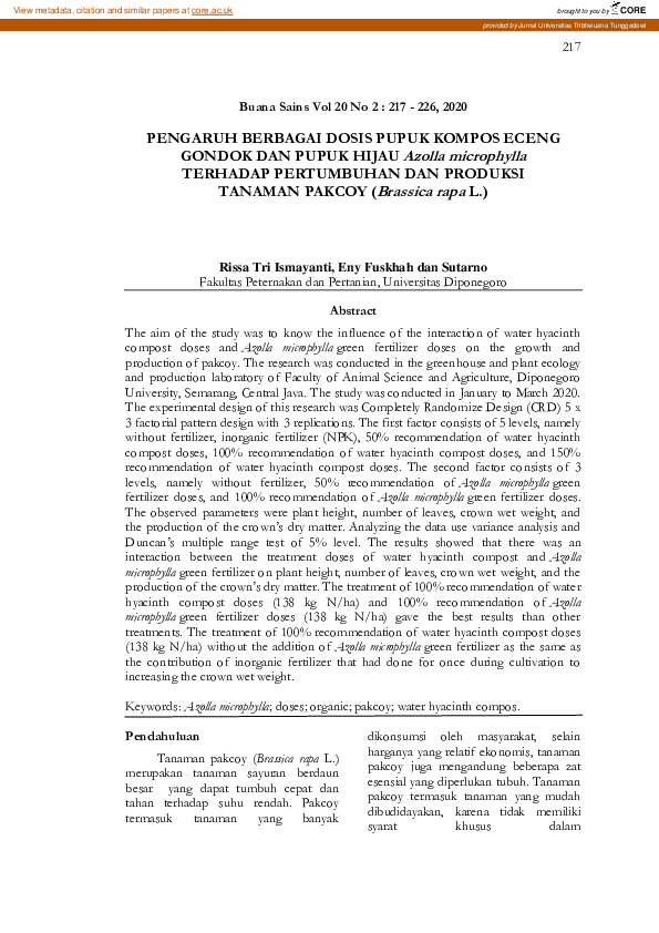 (PDF) PENGARUH BERBAGAI DOSIS PUPUK KOMPOS ECENG GONDOK DAN PUPUK HIJAU Azolla microphylla ...