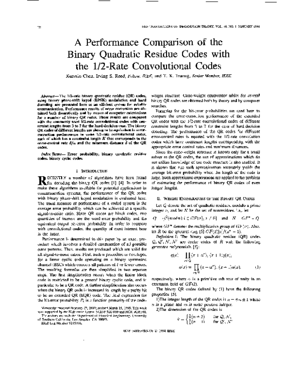 Pdf A Performance Comparison Of The Binary Quadratic Residue Codes With The 1 2 Rate