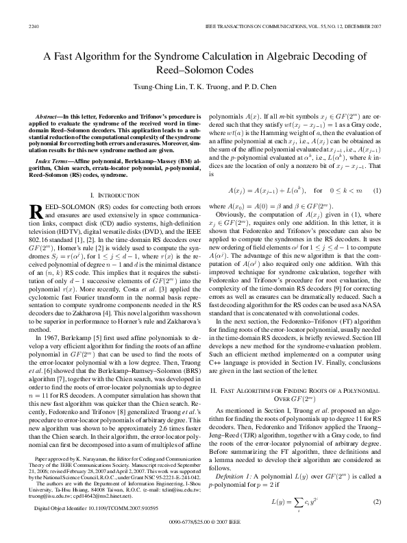 (PDF) A Fast Algorithm for the Syndrome Calculation in Algebraic ...