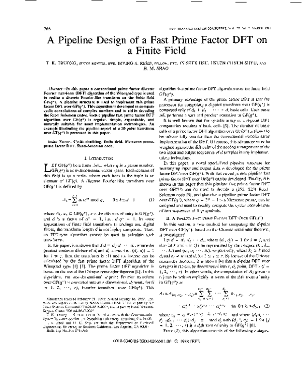 Pdf A Pipeline Design Of A Fast Prime Factor Dft On A Finite Field