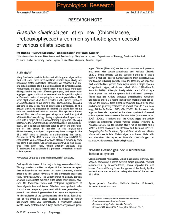 (PDF) Brandtia ciliaticolagen. et sp. nov. (Chlorellaceae ...
