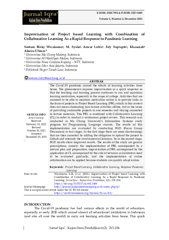 (PDF) Improvisation of Project Based Learning With Combination of ...