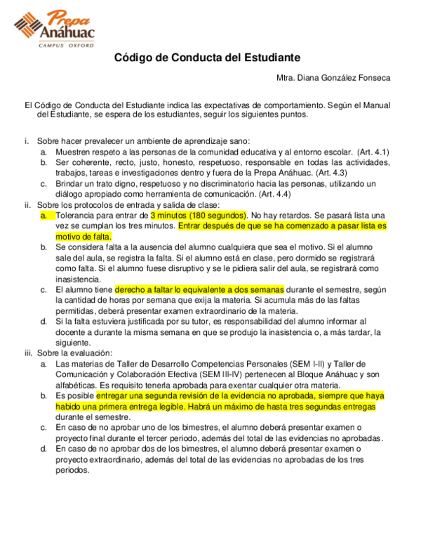 (PDF) Código de Conducta del Estudiante