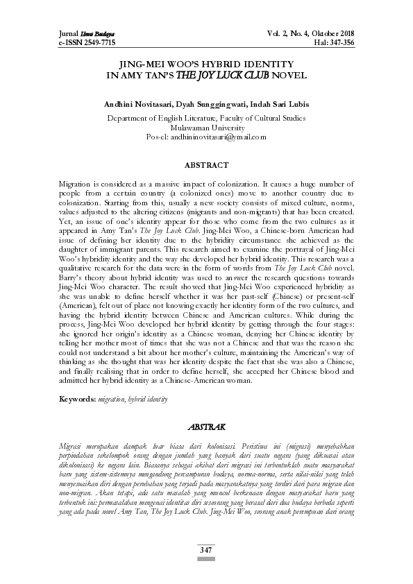 (PDF) Jing-Mei Woo’s Hybrid Identity in Amy Tan’s the Joy Luck Club ...