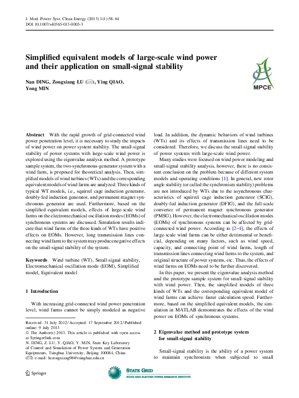 (PDF) Simplified equivalent models of large-scale wind power and their application on small ...