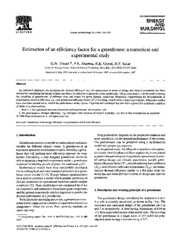 Pdf Estimation Of An Efficiency Factor For A Greenhouse A Numerical