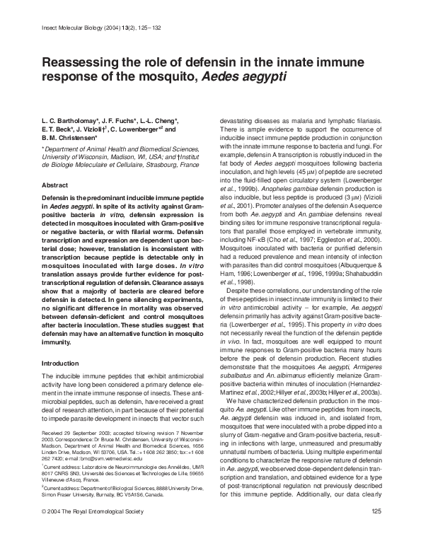 (PDF) Reassessing the role of defensin in the innate immune response of the mosquito, Aedes aegypti