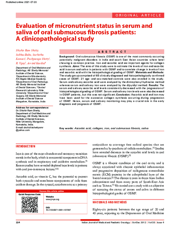 (PDF) Evaluation of micronutrient status in serum and saliva of oral ...