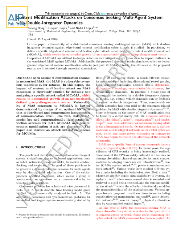 Content modification attacks on consensus seeking multi-agent system ...