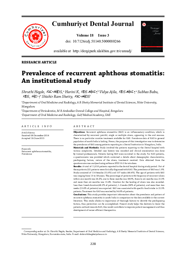 (PDF) Prevalence of recurrent aphthous stomatitis: An institutional study