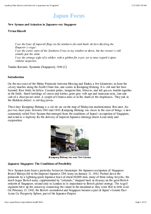 (PDF) New Syonan and Asianism in Japanese-era Singapore