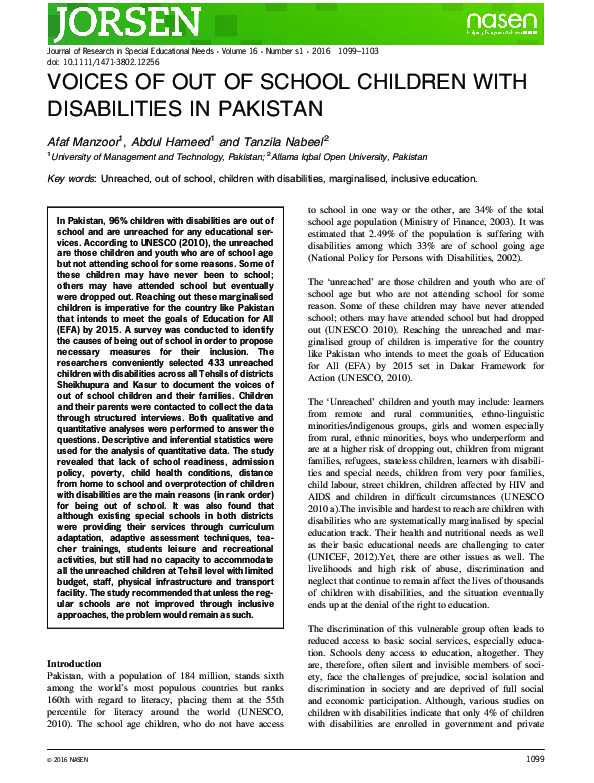 (PDF) Voices of Out of School Children with Disabilities in Pakistan