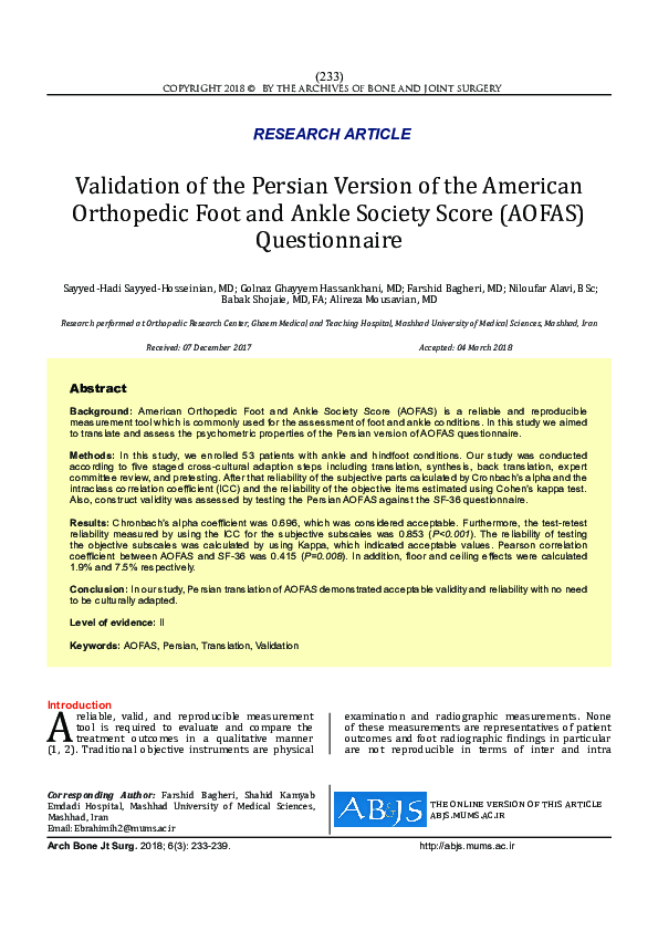 (PDF) Validation of the Persian Version of the American Orthopedic Foot ...