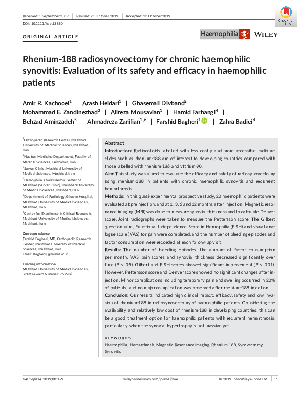 (PDF) Rhenium‐188 radiosynovectomy for chronic haemophilic synovitis ...