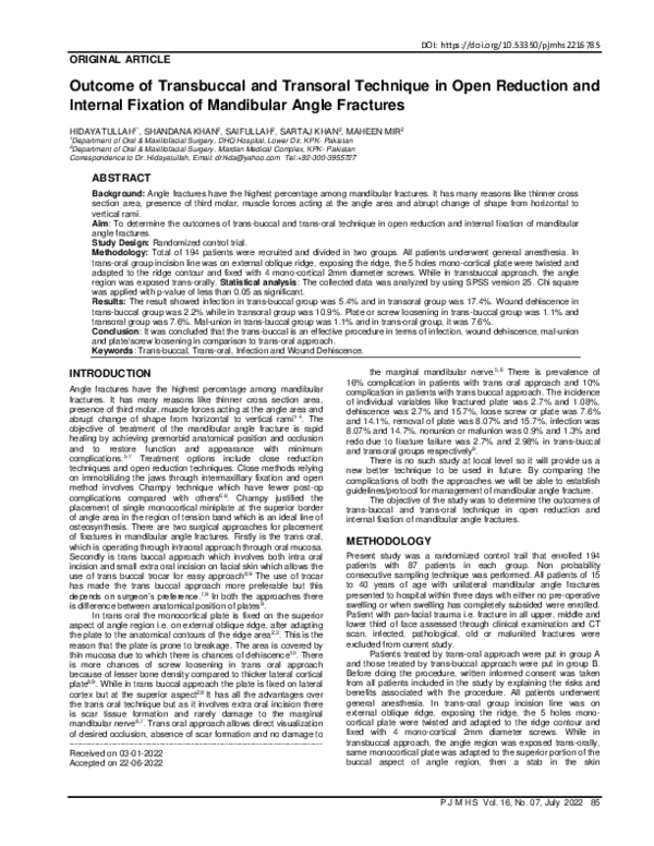 Pdf Outcome Of Transbuccal And Transoral Technique In Open Reduction