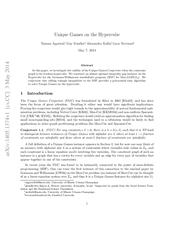 (PDF) Unique Games on the Hypercube