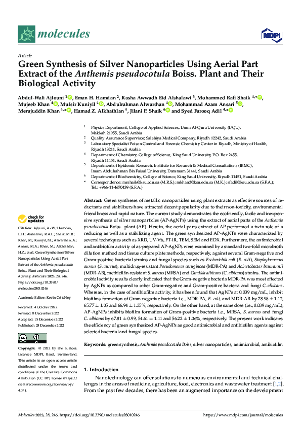 (PDF) Green Synthesis of Silver Nanoparticles Using Aerial Part Extract of the Anthemis ...