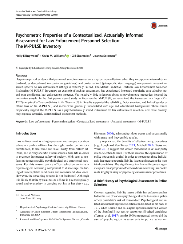 (PDF) Psychometric Properties of a Contextualized, Actuarially Informed ...