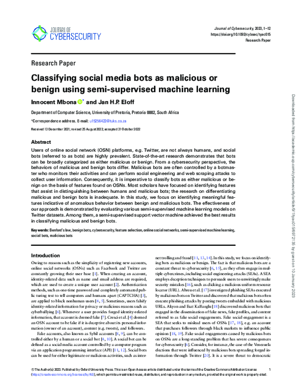Pdf Classifying Social Media Bots As Malicious Or Benign Using Semi Supervised Machine Learning