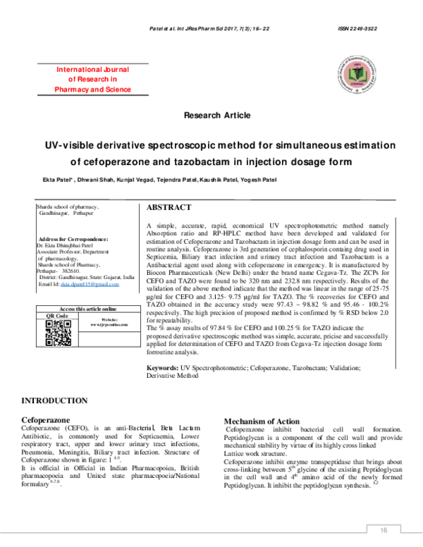 Pdf Uv Visible Derivative Spectroscopic Method For Simultaneous Estimation Of Cefoperazone And
