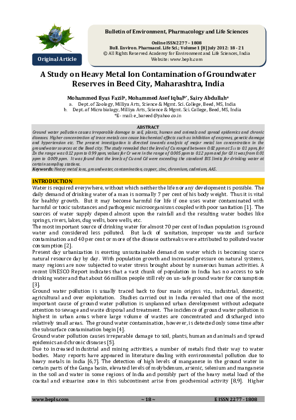 (PDF) A Study on Heavy Metal Ion Contamination of Groundwater Reserves ...