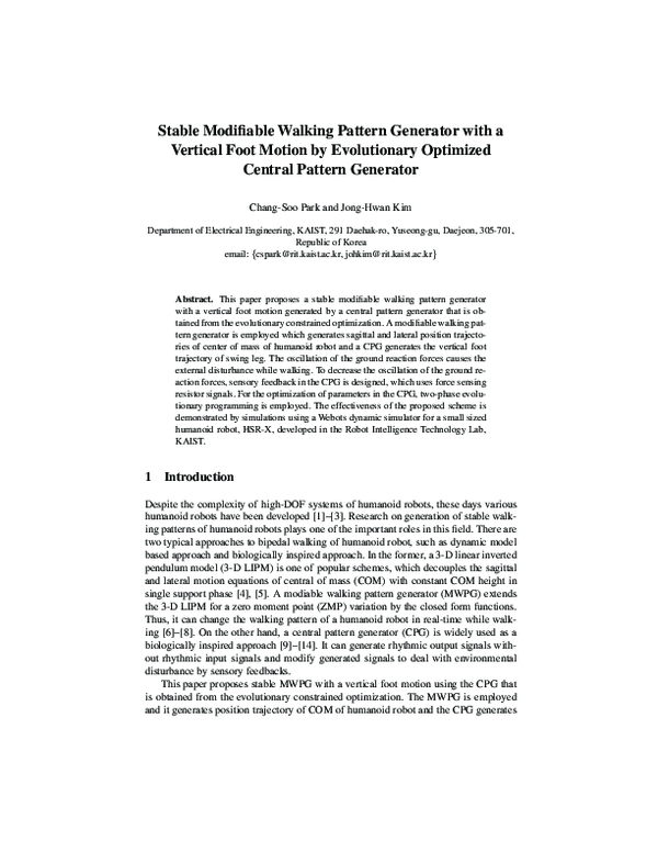 (PDF) Stable Modifiable Walking Pattern Generator with a Vertical Foot Motion by Evolutionary ...