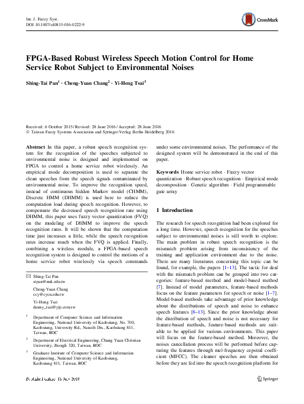 (PDF) FPGA-Based Robust Wireless Speech Motion Control for Home Service ...