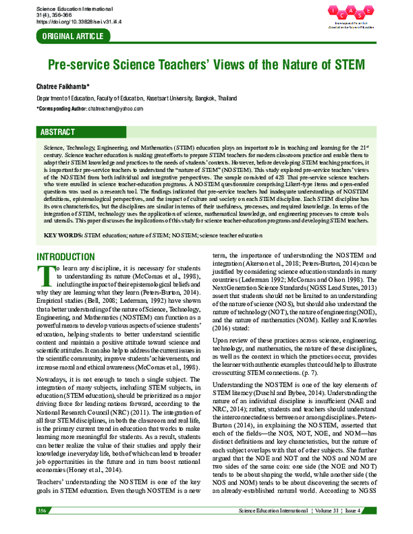 (PDF) Pre-Service Science Teachers’ Views of the Nature of STEM