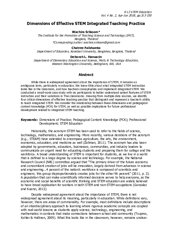 (PDF) Dimensions of Effective STEM Integrated Teaching Practice