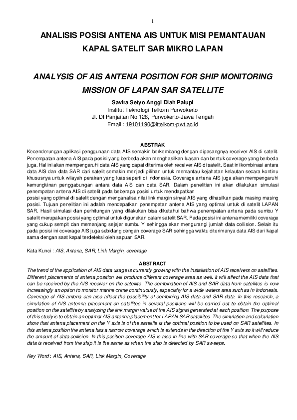 (PDF) ANALISIS POSISI ANTENA AIS UNTUK MISI PEMANTAUAN KAPAL SATELIT SAR MIKRO LAPAN ANALYSIS OF ...