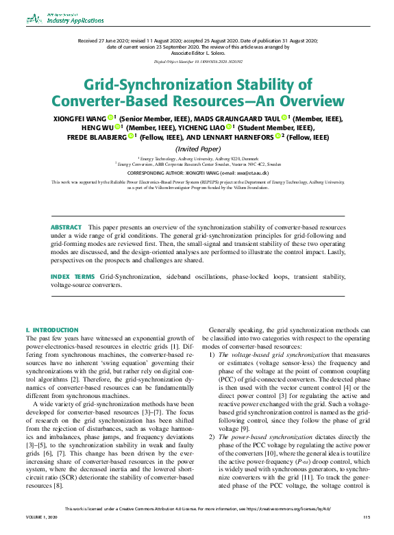 (PDF) Grid-Synchronization Stability of Converter-Based Resources—An Overview